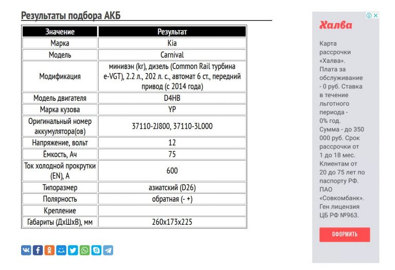 Какие параметры у аккумулятора на Kia Carnival?